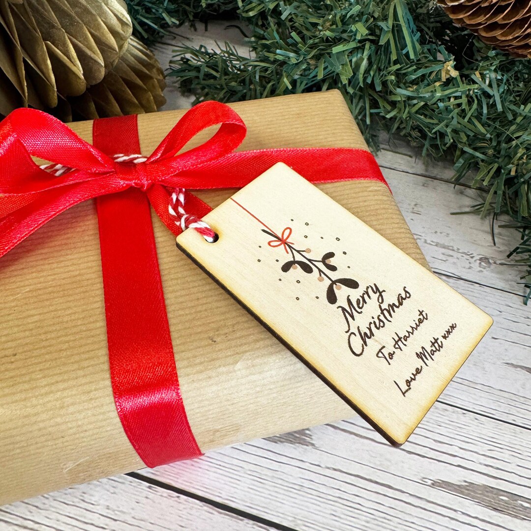 Personalised Christmas Wooden Gift Tag Mistletoe Design, Festive Gift ...