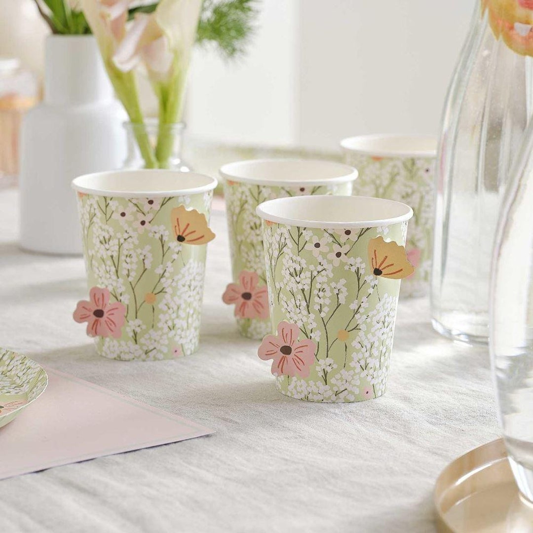 8 Green Floral Cups, Botanical Birthday Cups, Baby Shower Cups, Wedding ...