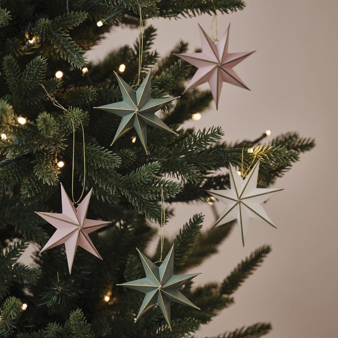 5 Paper Star Tree Decorations With Gold Trim Blush Sage Cream ...