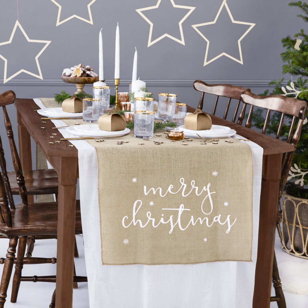 Rustic Merry Christmas Hessian Table Runner, Christmas Decorations ...