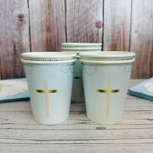 8 Blue Botanical Cross Cups, Boys Christening Party Cups, Baptism Cups ...
