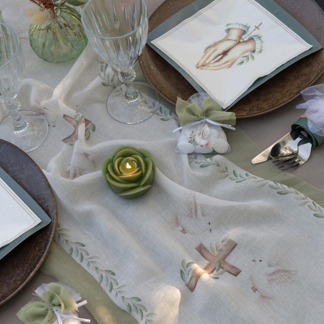 Christening Cross Table Runner, Baptism Table Decorations, Botanical ...