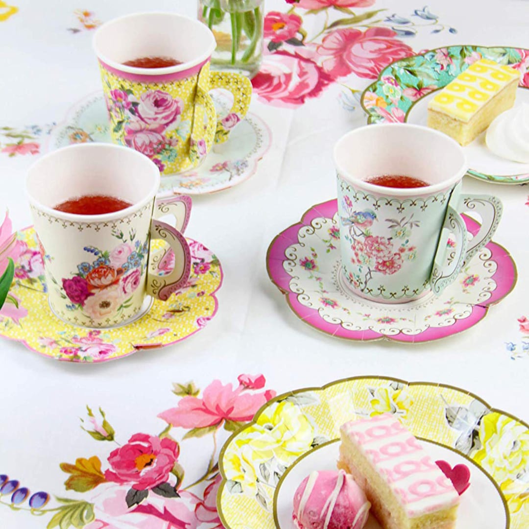 12 Floral Paper Cups Saucers, Afternoon Tea Party Decorations, Party ...