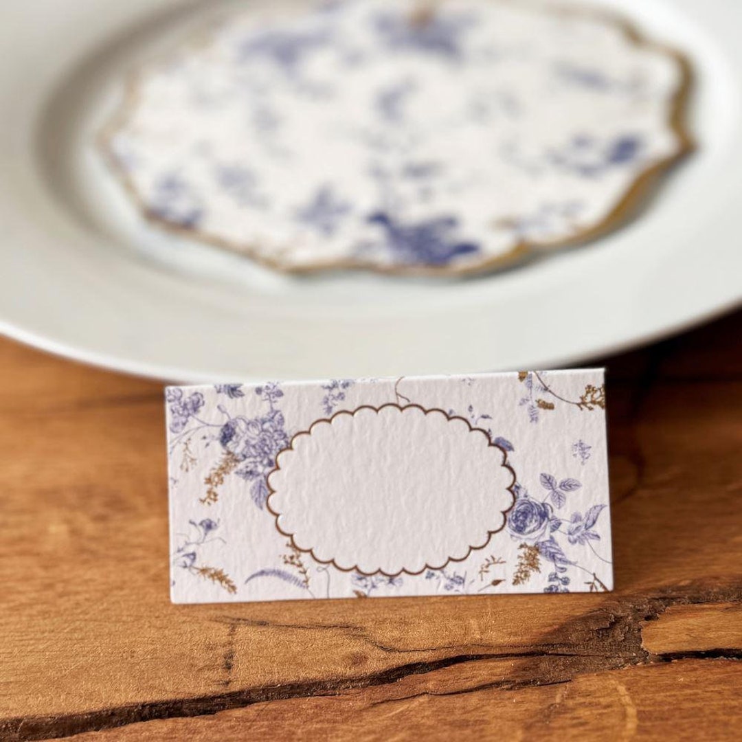 10 Blue Botanical Floral Place Cards, Gold Foiled Party Name Cards ...