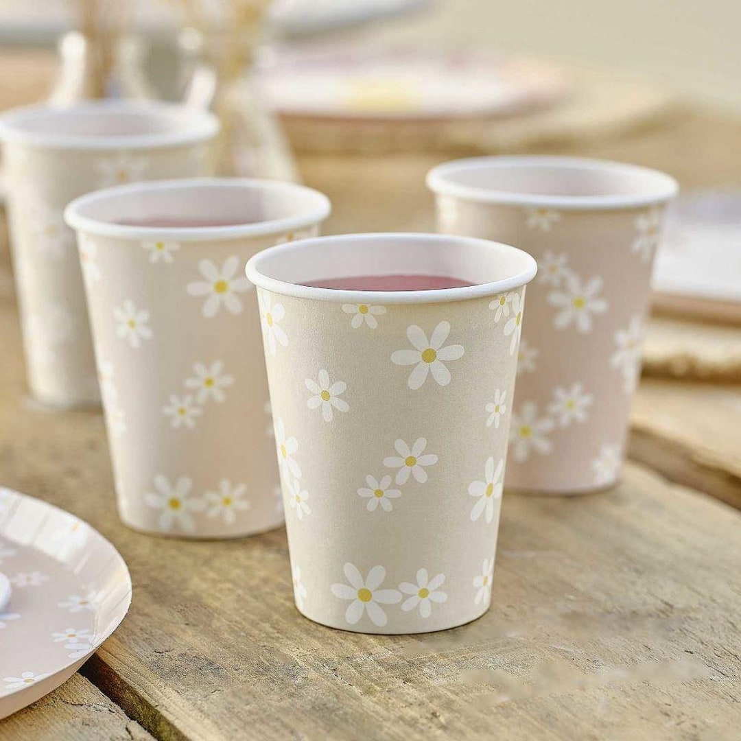 Daisy Party Cups: Dusky Pink Floral Paper Cups, Set of 8 - Etsy