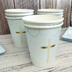 8 Blue Botanical Cross Cups, Boys Christening Party Cups, Baptism Cups ...