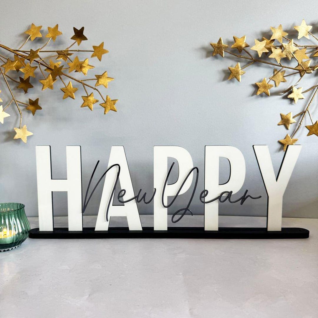 Happy New Year Wooden New Years Eve Sign With Stand, Festive Home ...