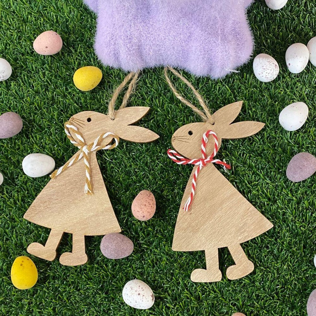2 Bunny Rabbit Tags, Hanging Wooden Rabbits, Easter Gift Tags ...