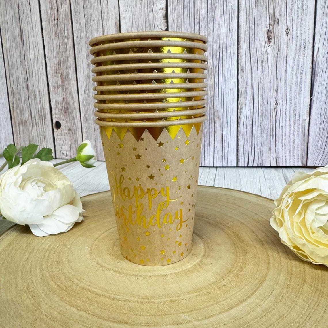 10 Rustic Brown Birthday Cups, Gold Foiled Birthday Party Tableware ...