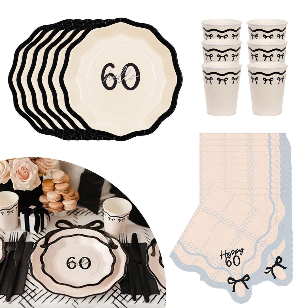 Hello 60 Party Pack for 6, Sixtieth Party, 60th Birthday, Black Bow ...