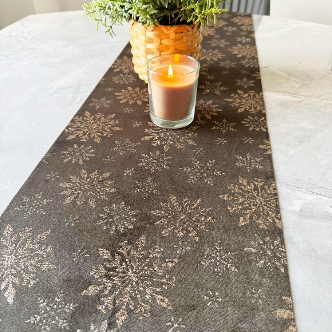 Chocolate Velvet Table Runner With Copper Snowflakes, Brown Christmas ...
