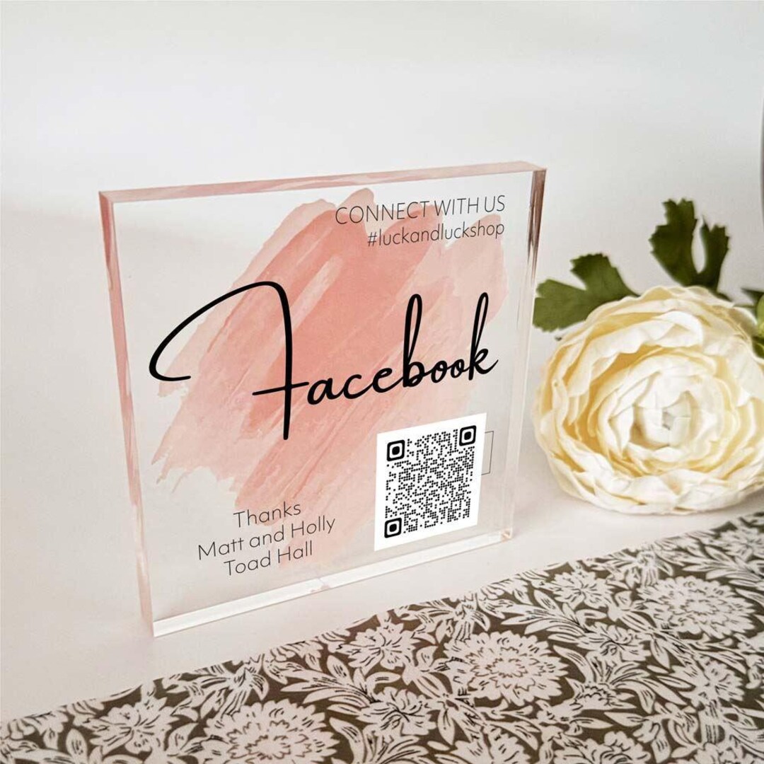 Personalised Facebook Sign, Acrylic QR Block Plaque With Company Name ...