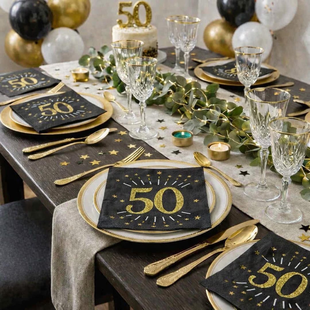 10 Black Gold 50th Birthday Party Napkins, Foil 50th Birthday Paper ...