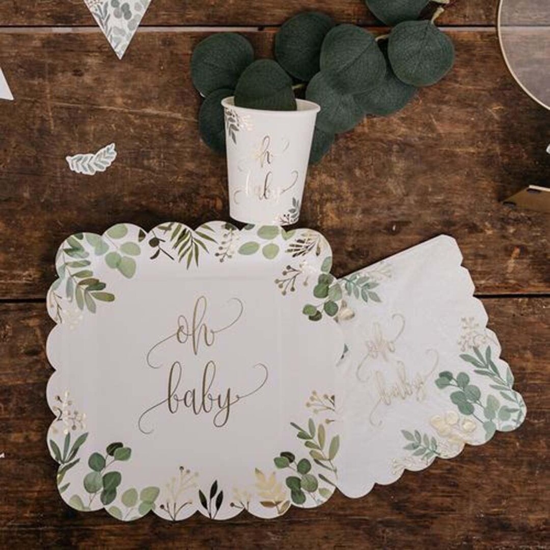 8 Baby Shower Square Botanical Paper Plates, Baby Shower Neutral Party ...