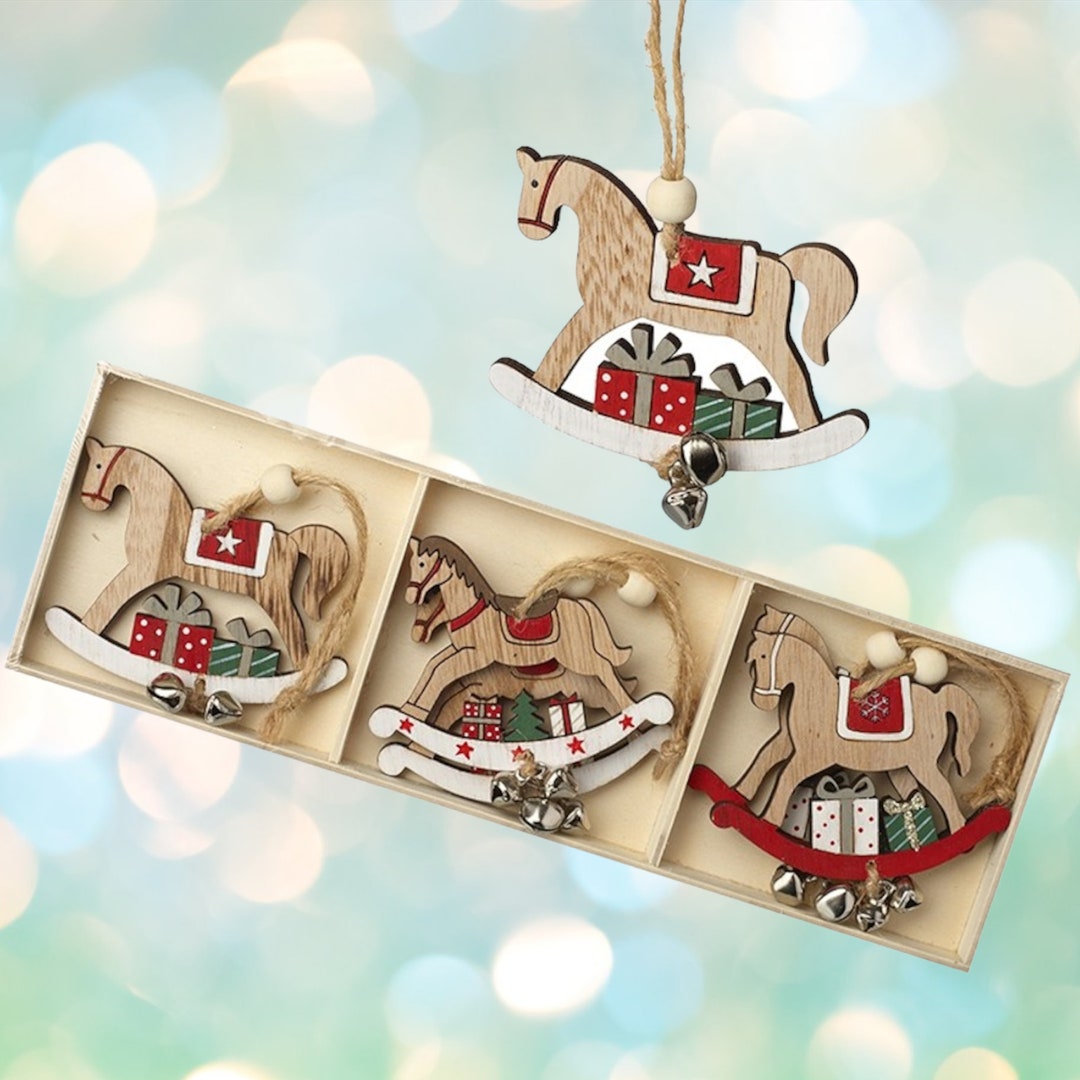 6 Wooden Rocking Horse Baubles, Christmas Tree Hanging Decorations in A ...