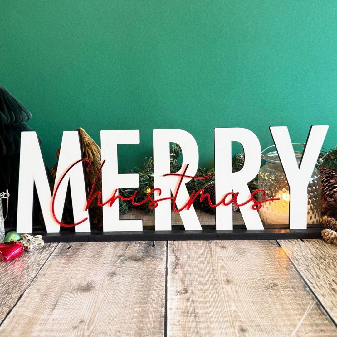 Wooden Merry Christmas Sign With Stand, Festive Home Decorations ...