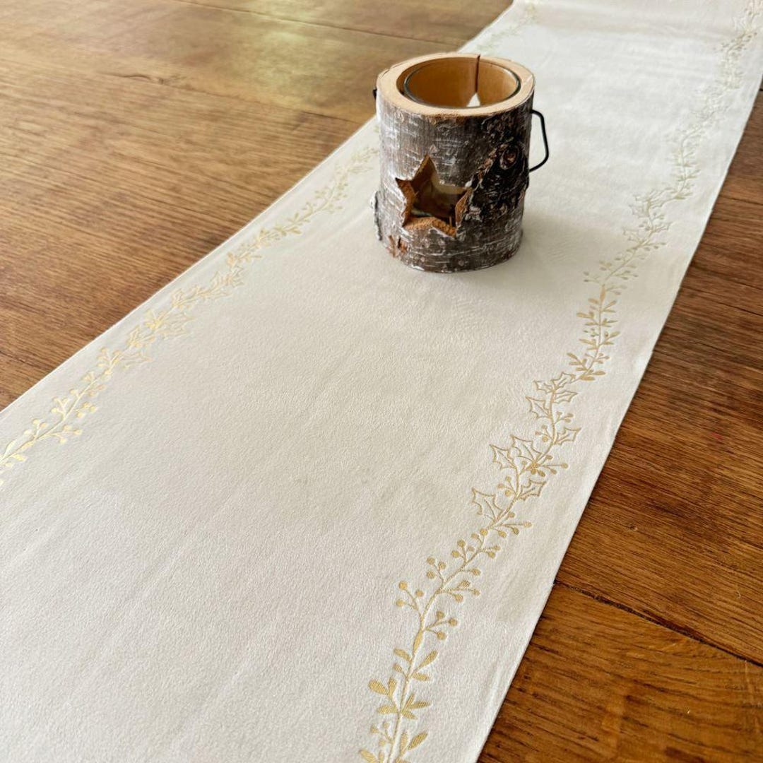 Christmas Holly Table Runner, Cream Gold Velvet Festive Table ...