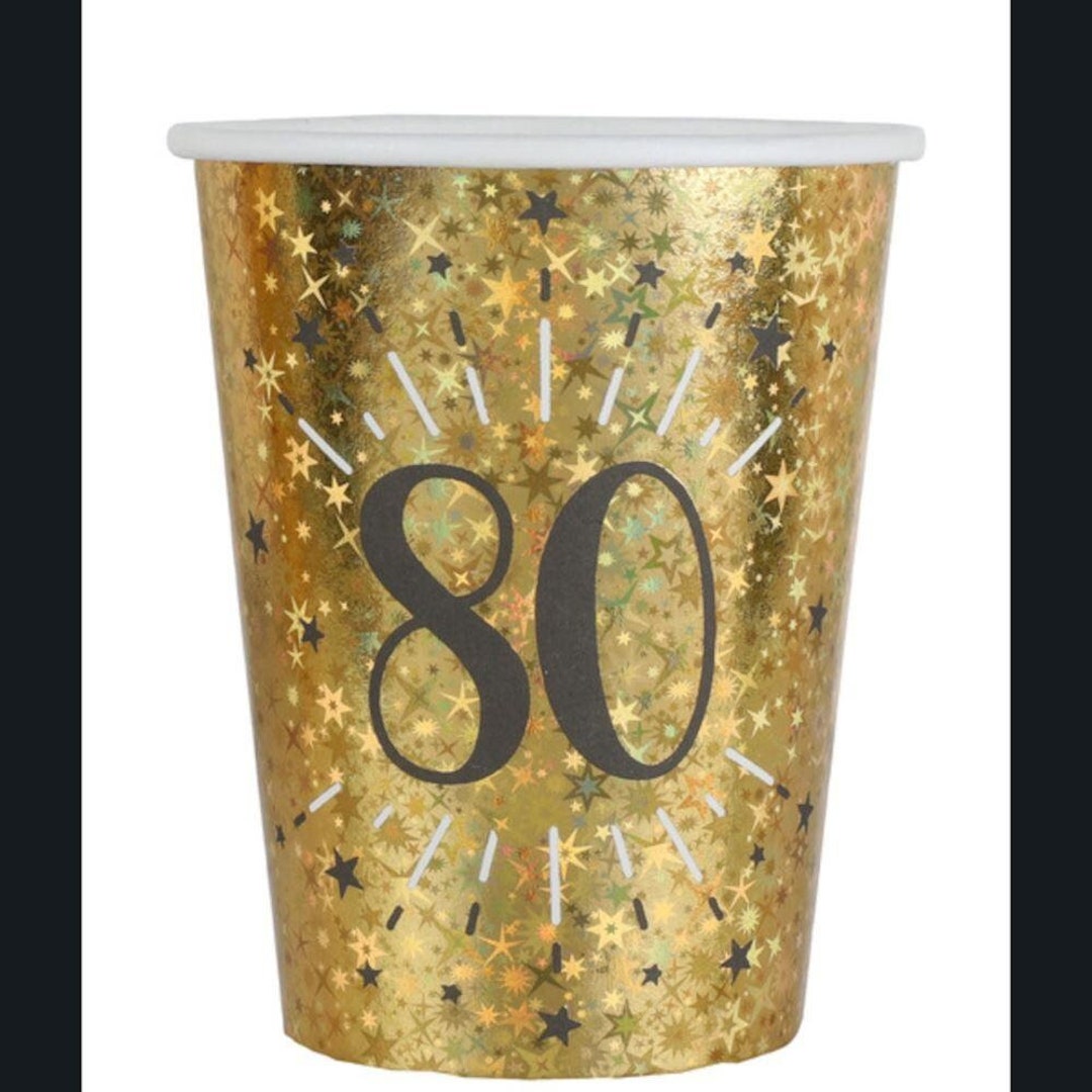 10 Black and Gold 80th Birthday Paper Party Cups, 80th Party Tableware ...