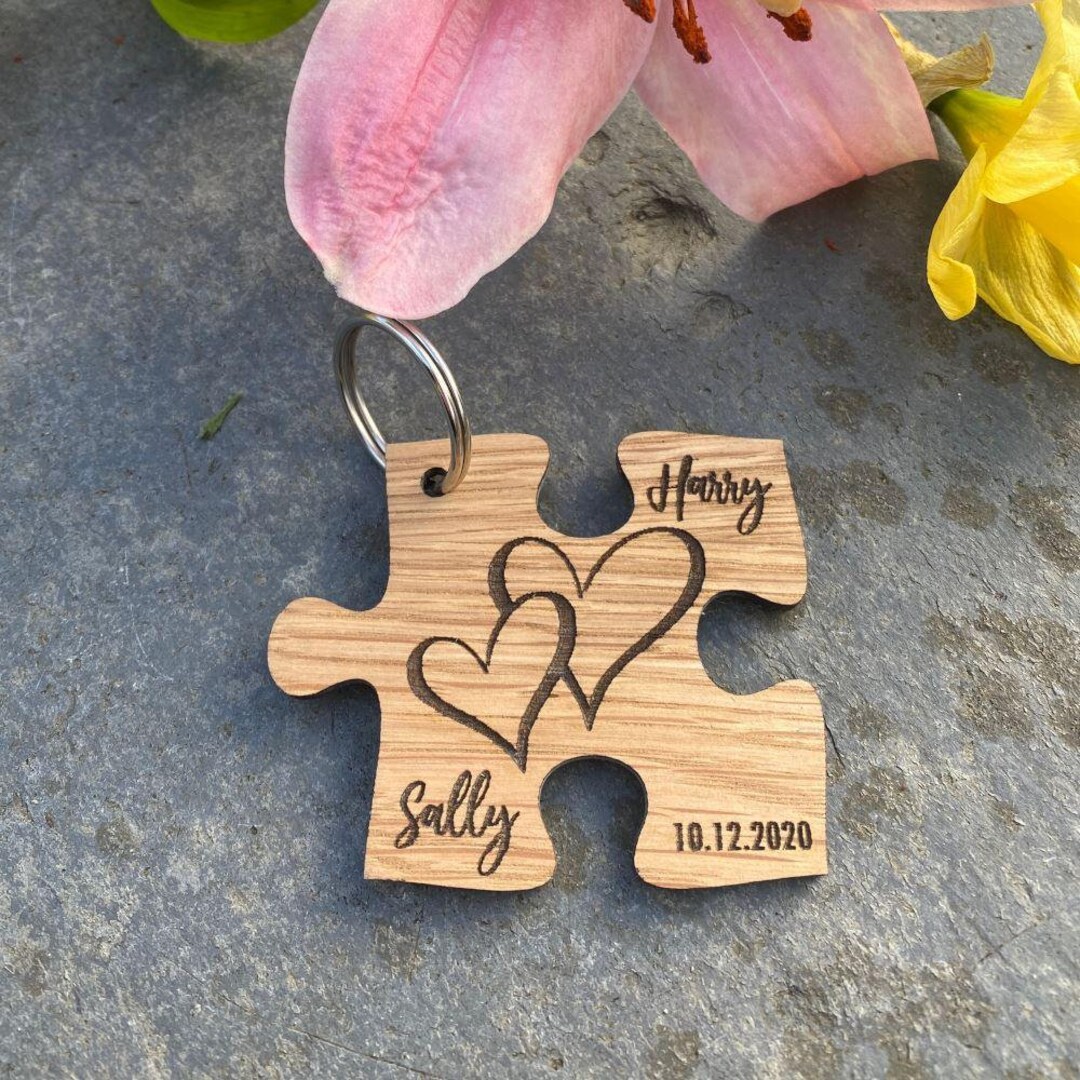 Personalised Jigsaw Keyrings With Hearts Name Date, Engraved Valentines ...