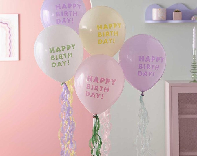 5 Pastel Happy Birthday Balloon Bundle With Tails, Girls Birthday Party ...