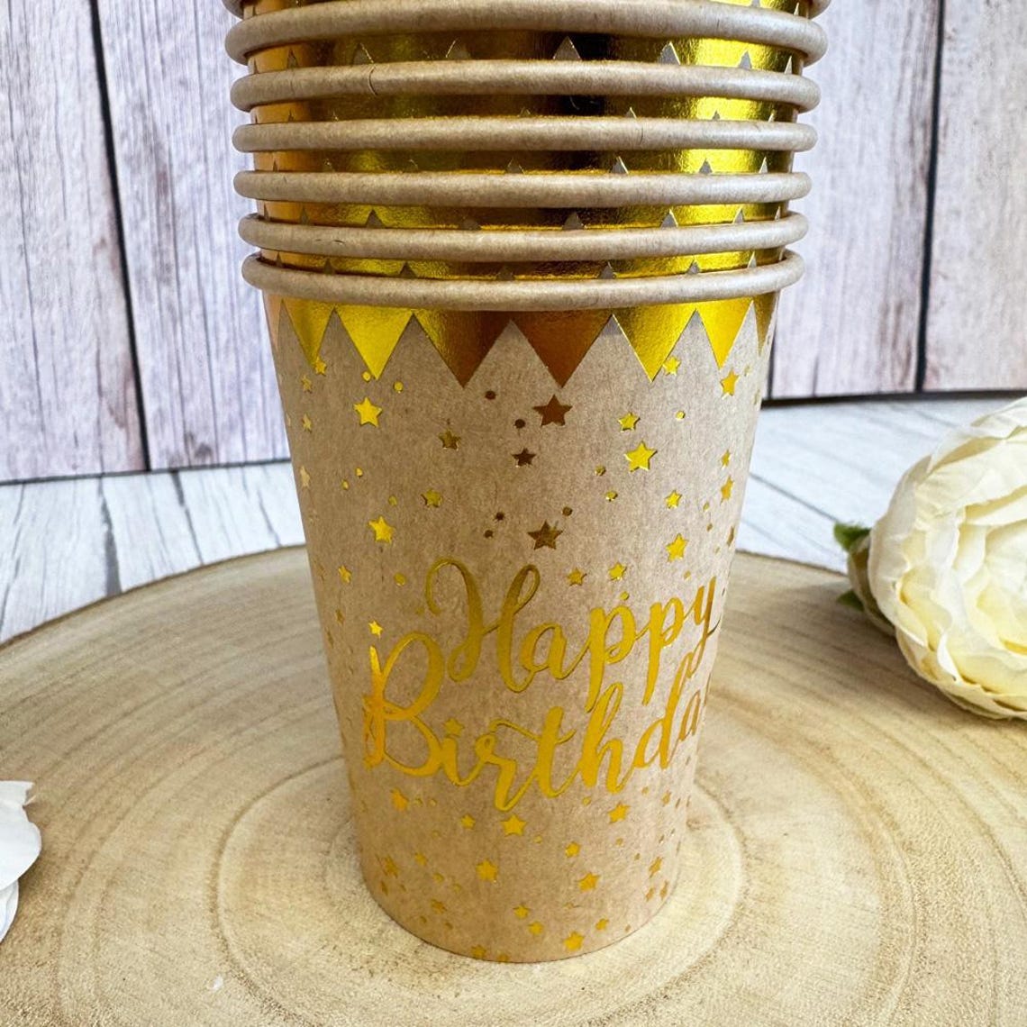 10 Rustic Brown Birthday Cups, Gold Foiled Birthday Party Tableware ...