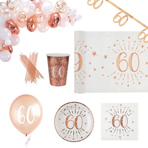 Rose Gold 60th Birthday Supplies, 60th Party Tableware and Decorations ...