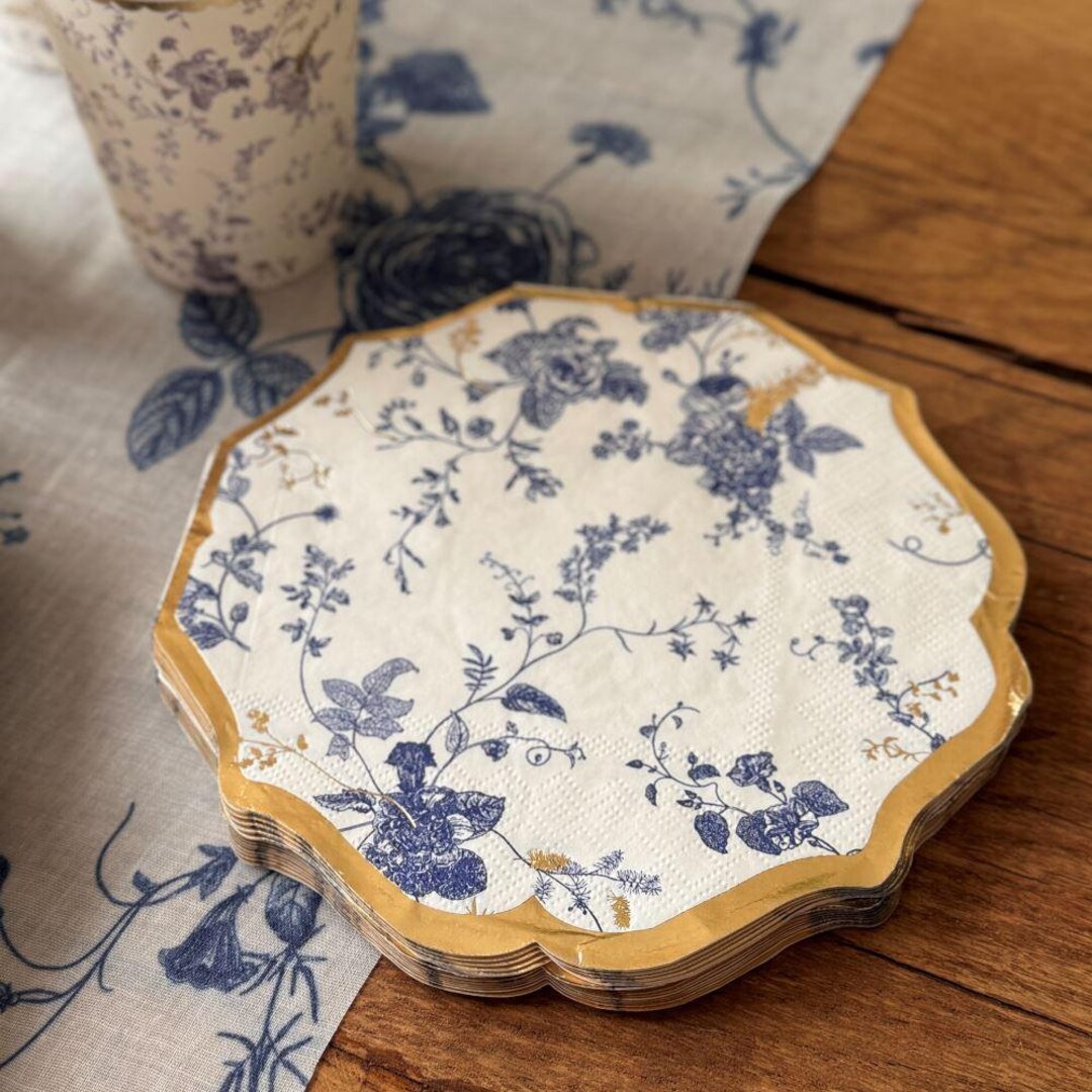 16 Blue Botanical Floral Paper Napkins, Gold Foiled Party Napkins, Blue ...
