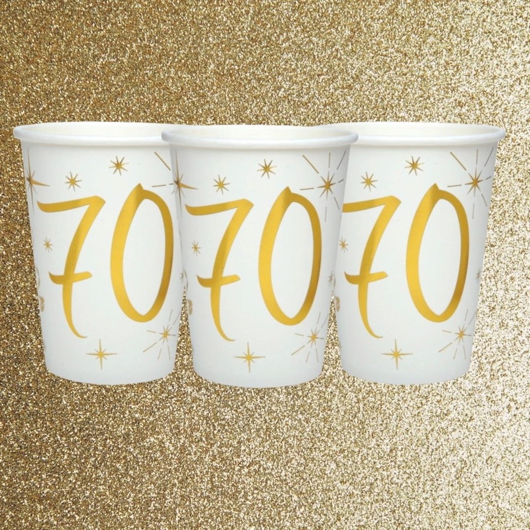 10 Gold 70th Birthday Paper Cups, Age 70th Birthday Party Cups, Gold ...