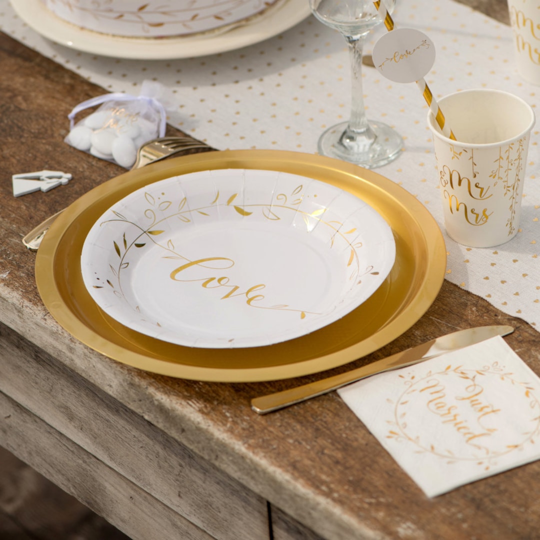 10 Gold Love Wedding Paper Plates, Just Married Gold Party Plates, Gold ...