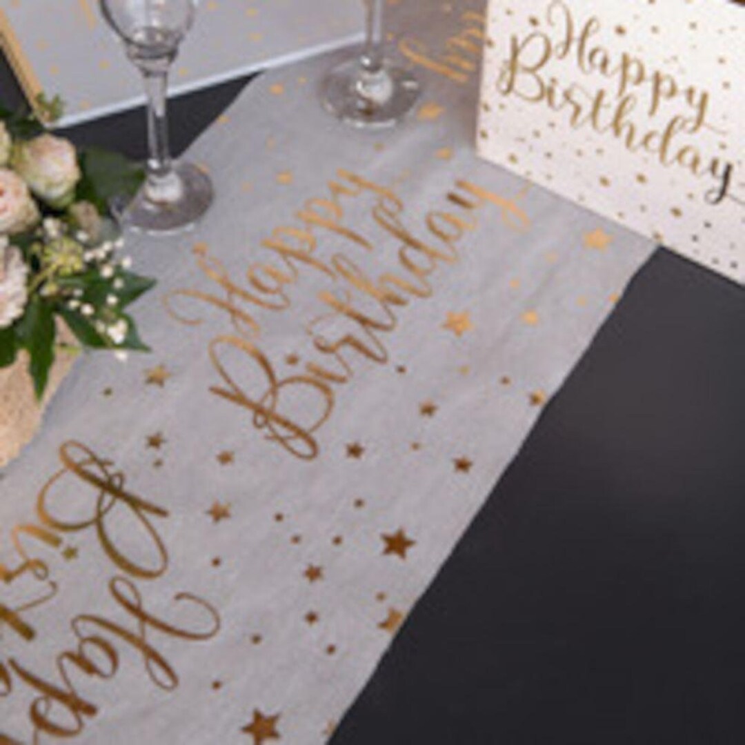 Cream Happy Birthday Table Runner, Gold Foil Table Runner, Birthday ...