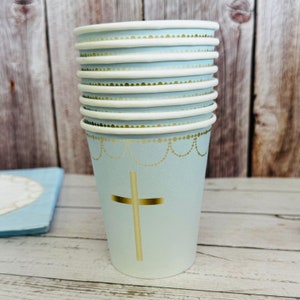 8 Blue Botanical Cross Cups, Boys Christening Party Cups, Baptism Cups ...
