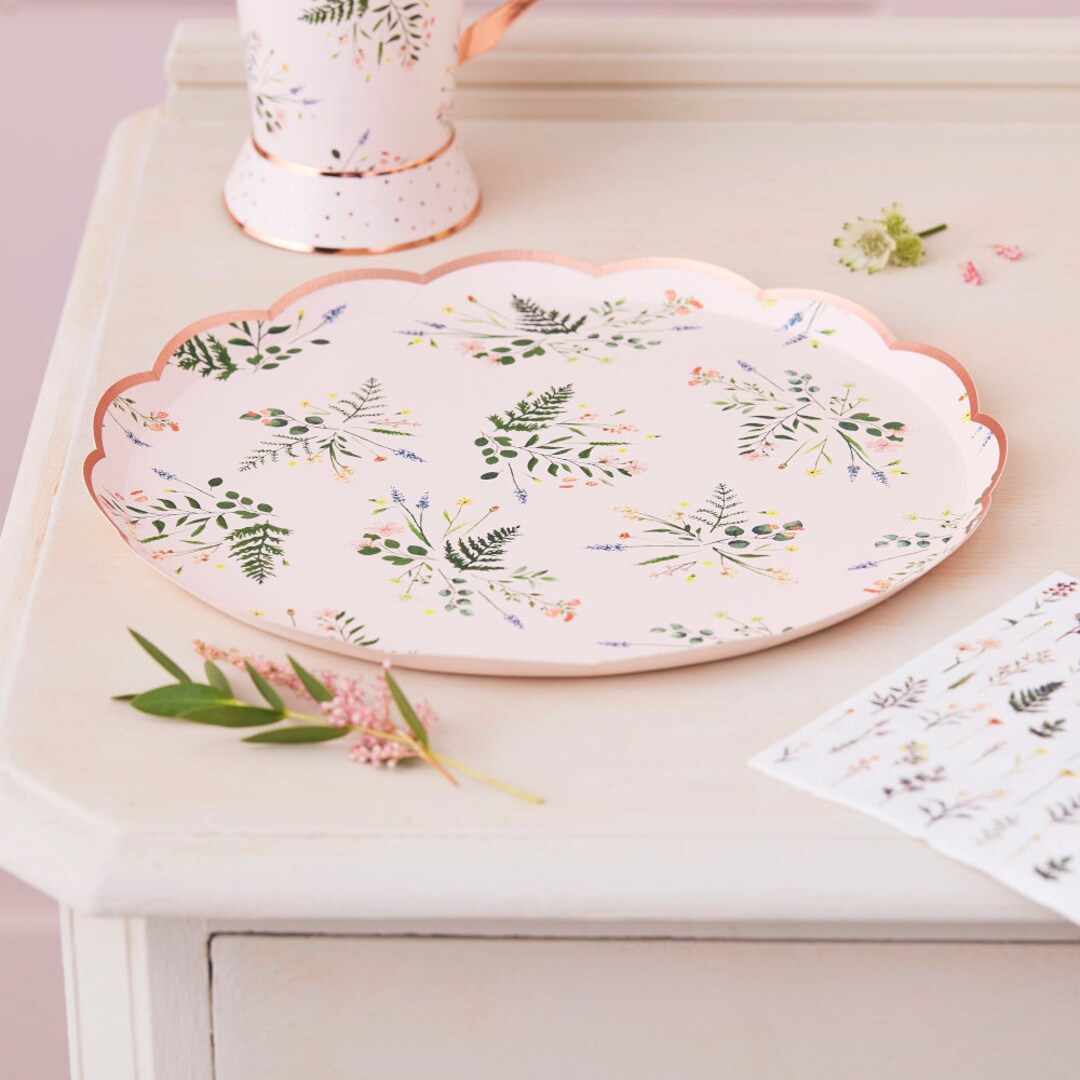 8 Pink Floral Rose Gold Party Plates Botanical Plates Team - Etsy