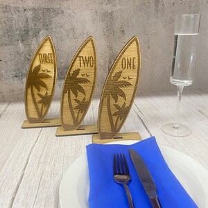 Surfboard Table Numbers, Wooden Beach Theme Wedding Centrepiece ...