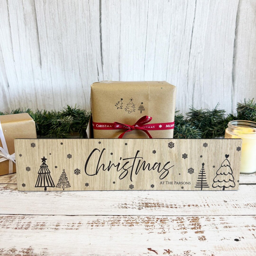 Personalised Small Wooden Christmas at Sign, Custom Surname Oak Festive ...