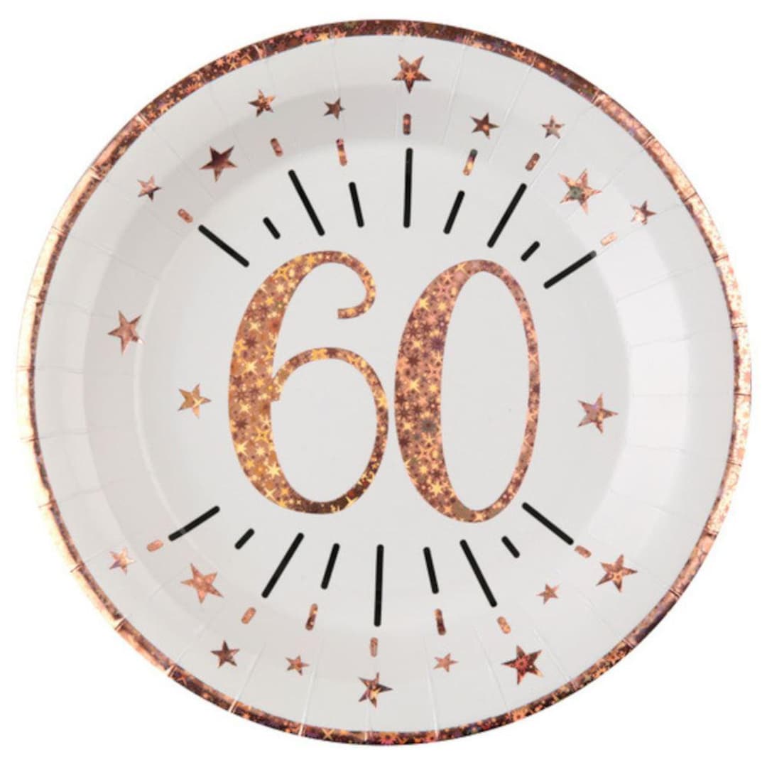 10 Rose Gold 60th Birthday Paper Plates, Sparkling Foil 60th Party ...