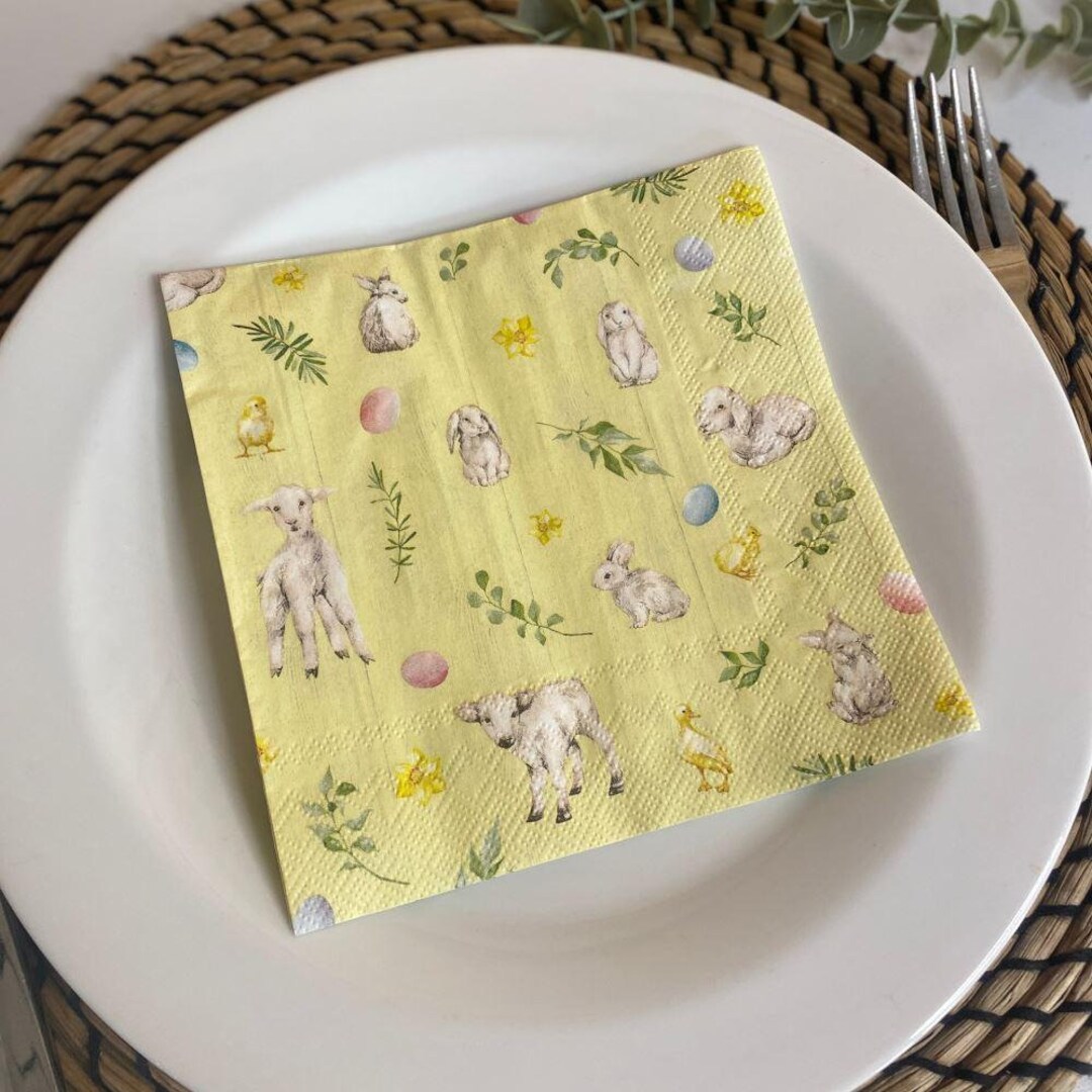 20 Large Lamb and Friends Napkins, Easter Party Napkins, Yellow Bunny ...
