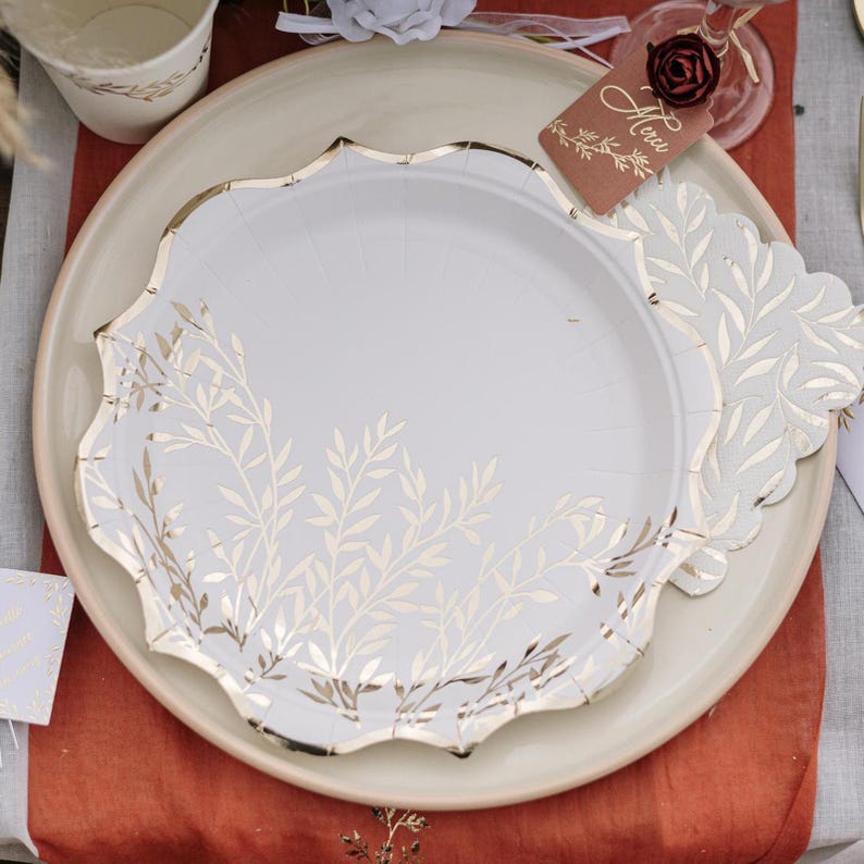 White Gold Leaf Paper Plates Pack of 8 Elegant Wedding Tableware ...