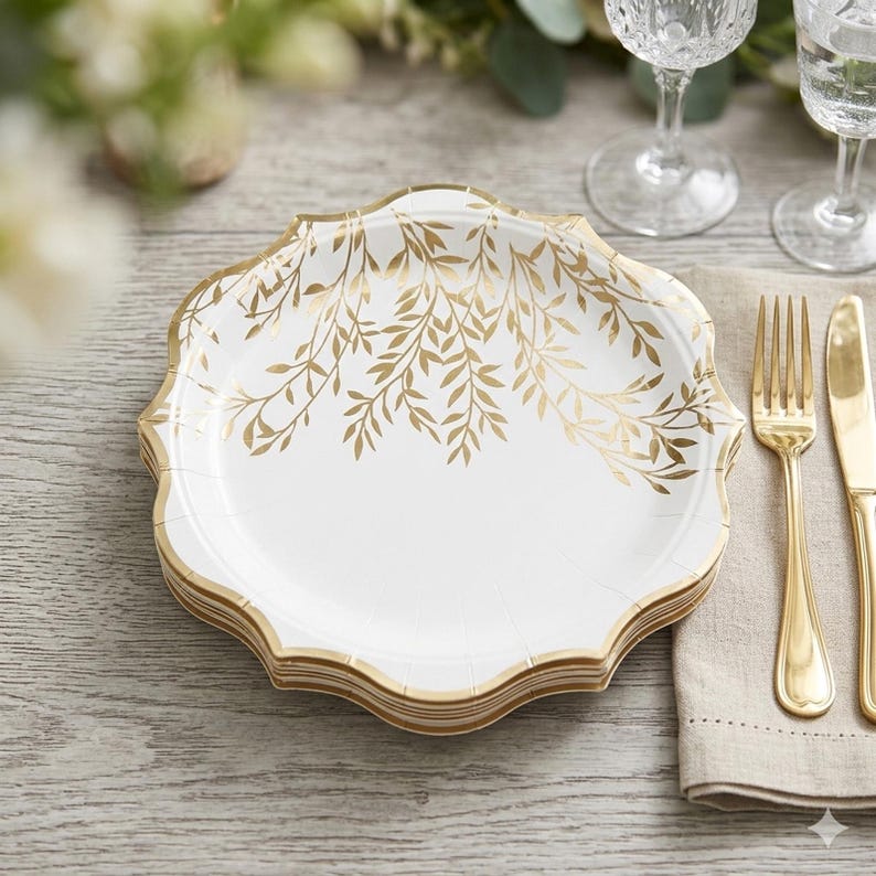 White Gold Leaf Paper Plates Pack of 8 Elegant Wedding Tableware ...