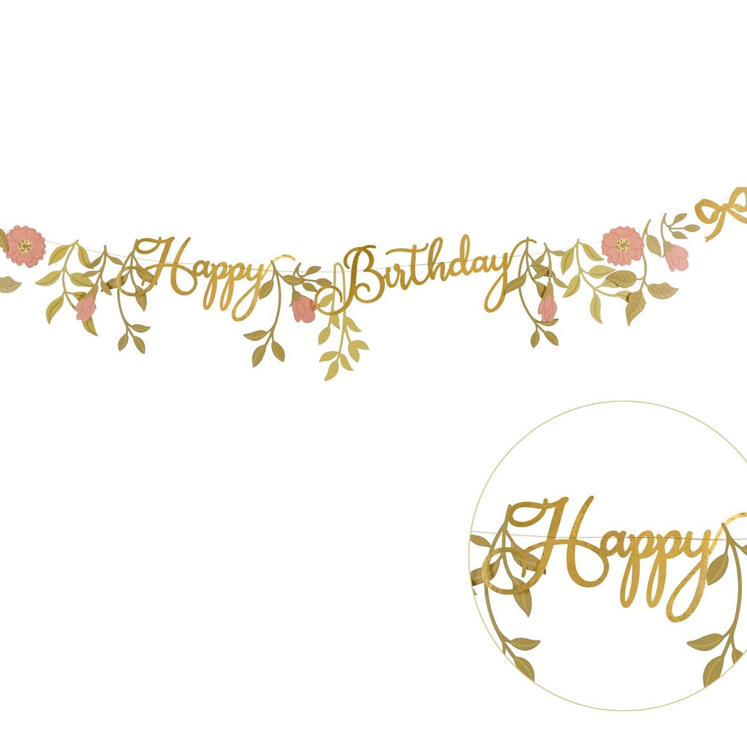 Pink and Gold Floral Happy Birthday Banner, Girls Party Backdrop ...