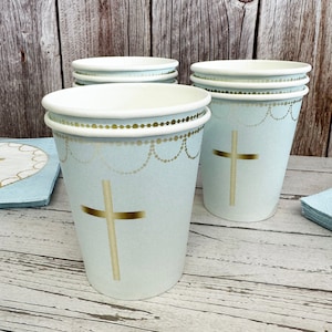 8 Blue Botanical Cross Cups, Boys Christening Party Cups, Baptism Cups ...