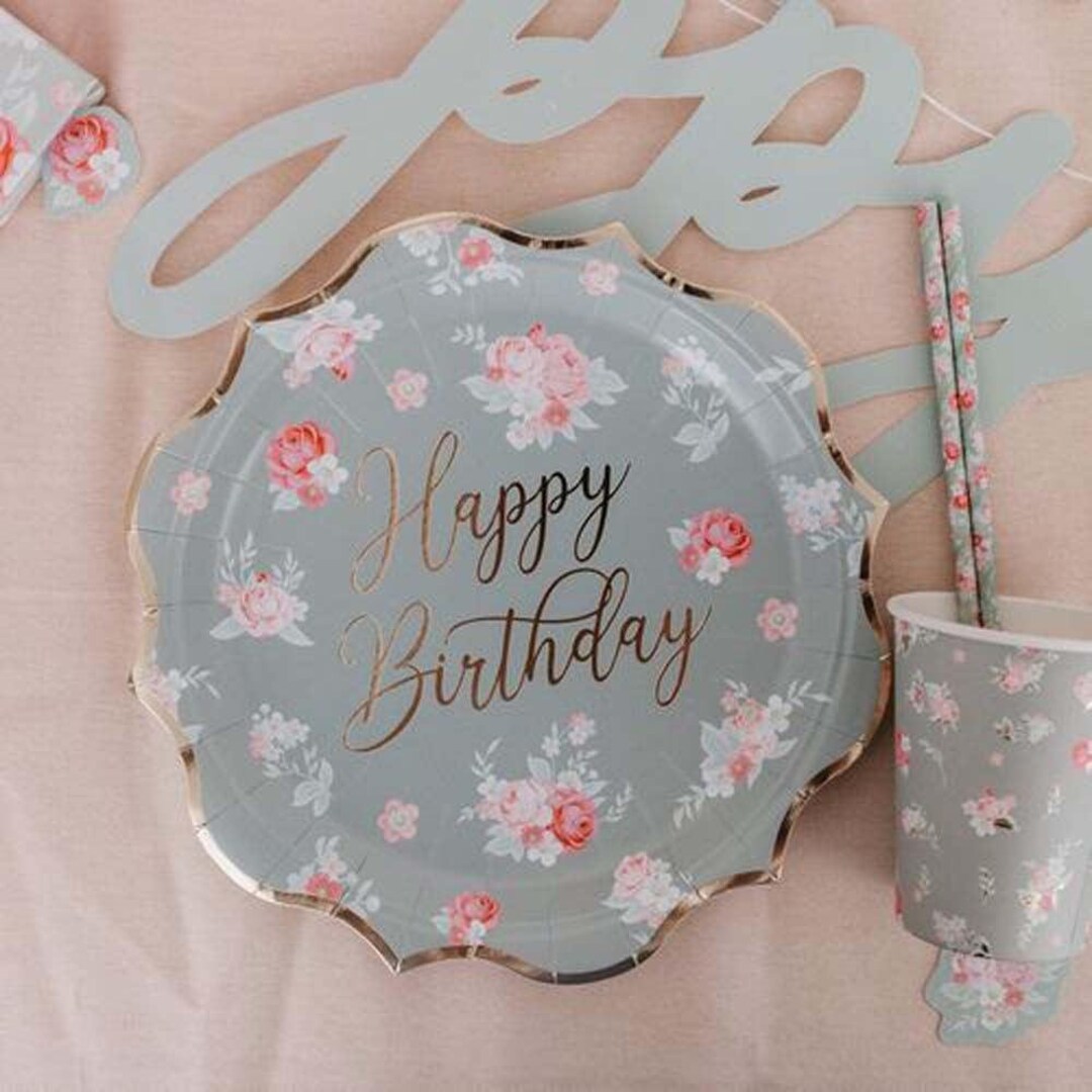 8 Spring Roses Happy Birthday Plates, Green Birthday Partyware, Floral ...