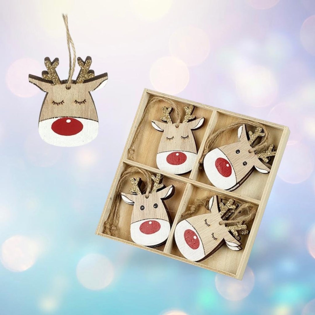 8 Wooden Reindeer Hanging Decorations, Reindeer Baubles, Christmas Tree ...