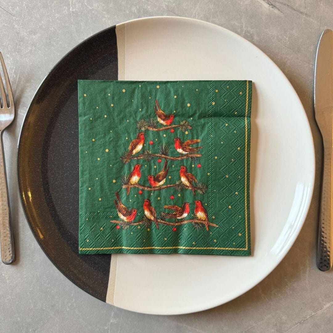 20 Green Christmas Robin on Branches Lunch Paper Napkins, Festive ...