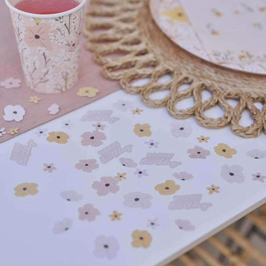 Floral Happy Birthday Table Confetti, Pink and Peach Flower Birthday ...