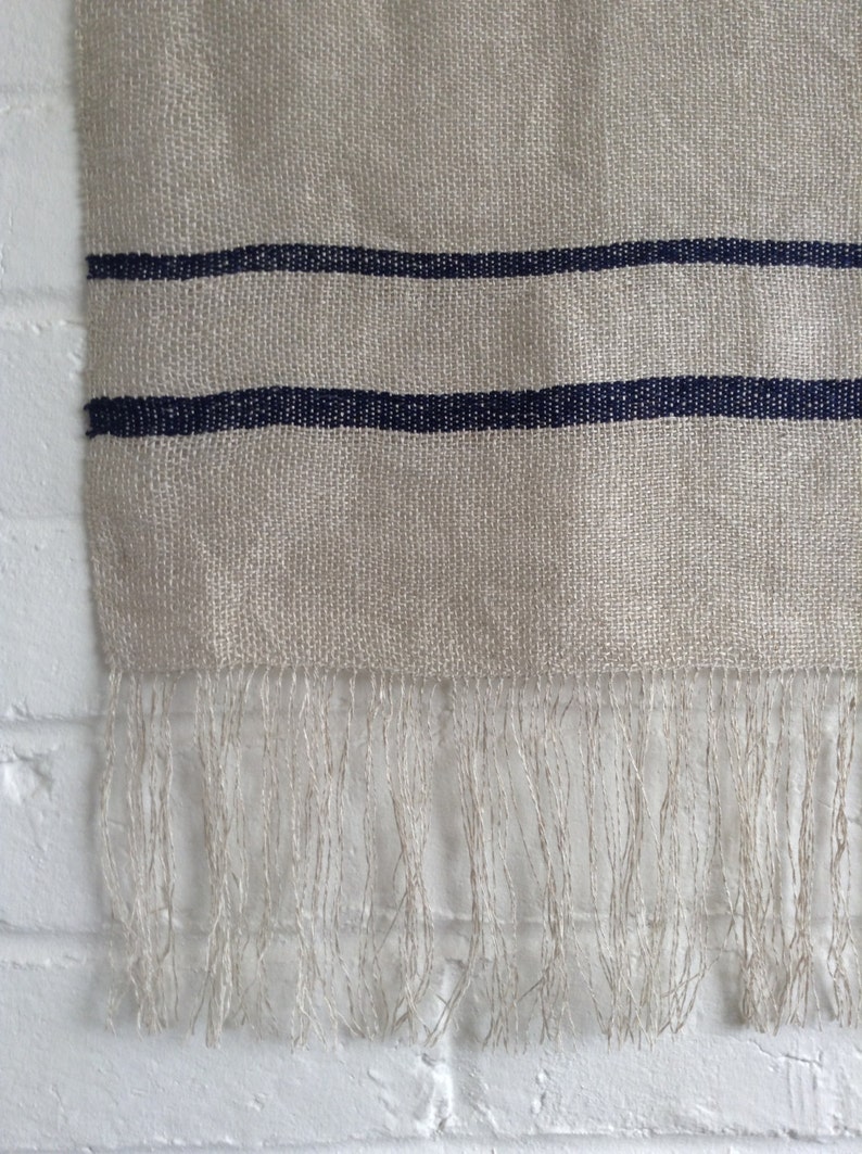 Handwoven Wall Hanging - Natural Linen and Indigo Raw Silk Stripes ...