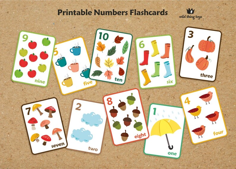 Autumn, Fall, Nature Counting Numbers Flash Cards for School, Nursery ...