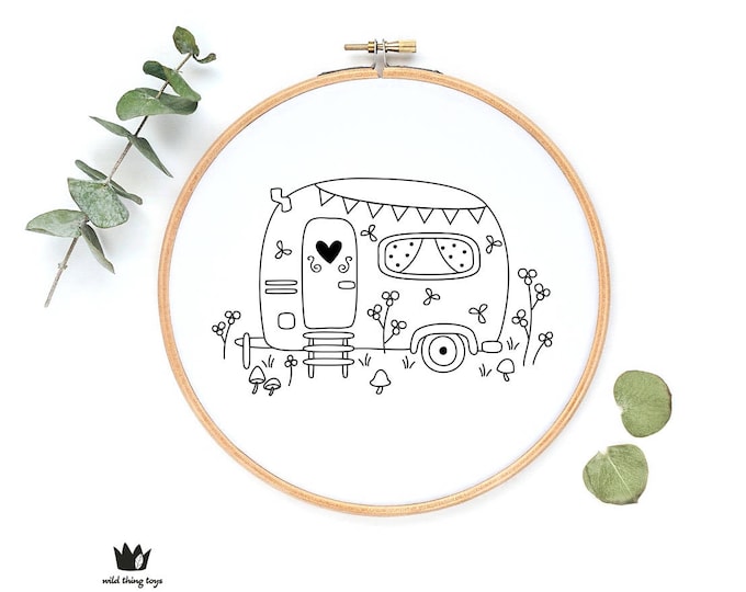 Caravan, Camper Van, Cute Whimsical, Flowers, Garden, House Sampler ...