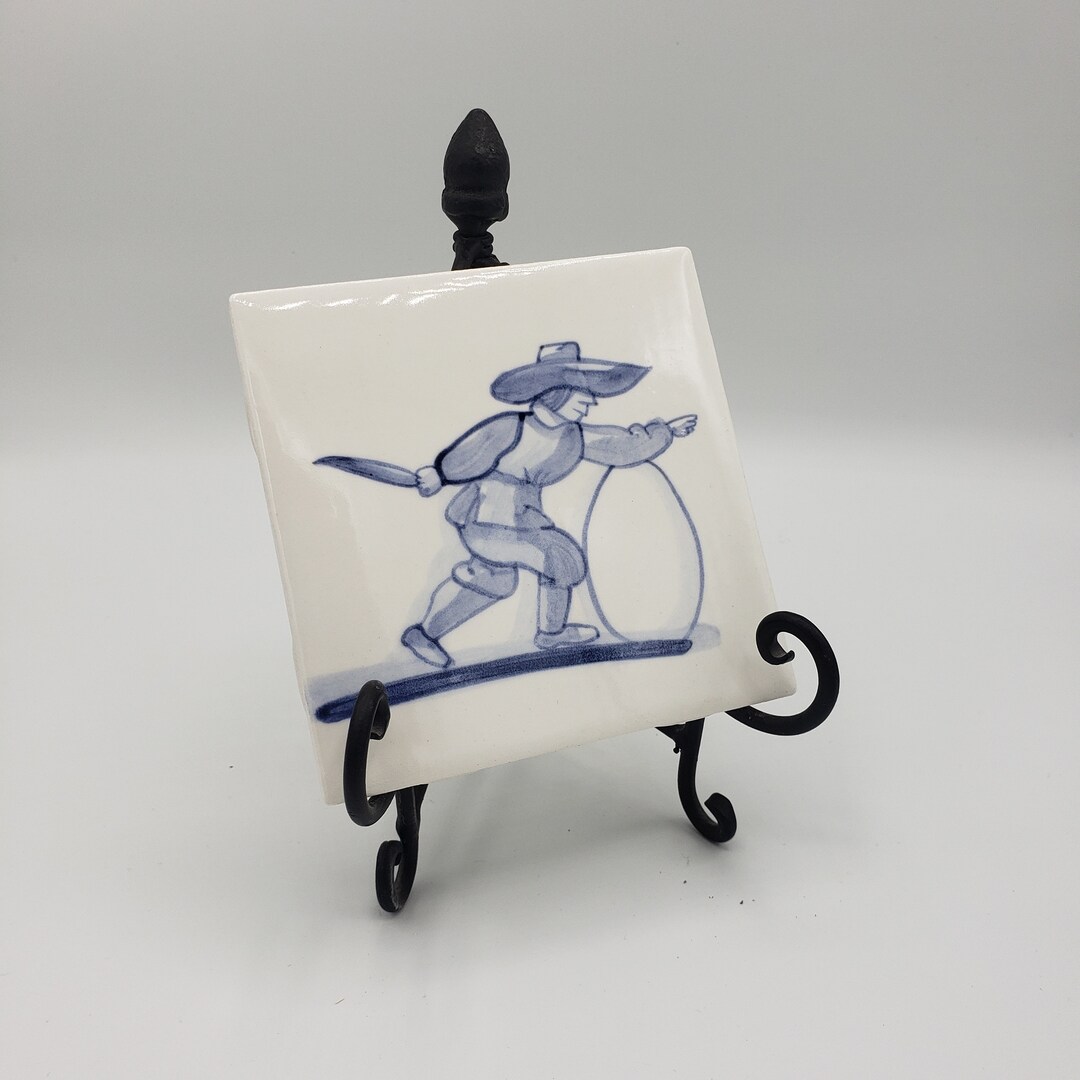 Reproduction, Hand-painted Tile, Delft Dutch Figures, Hoop and Stick ...