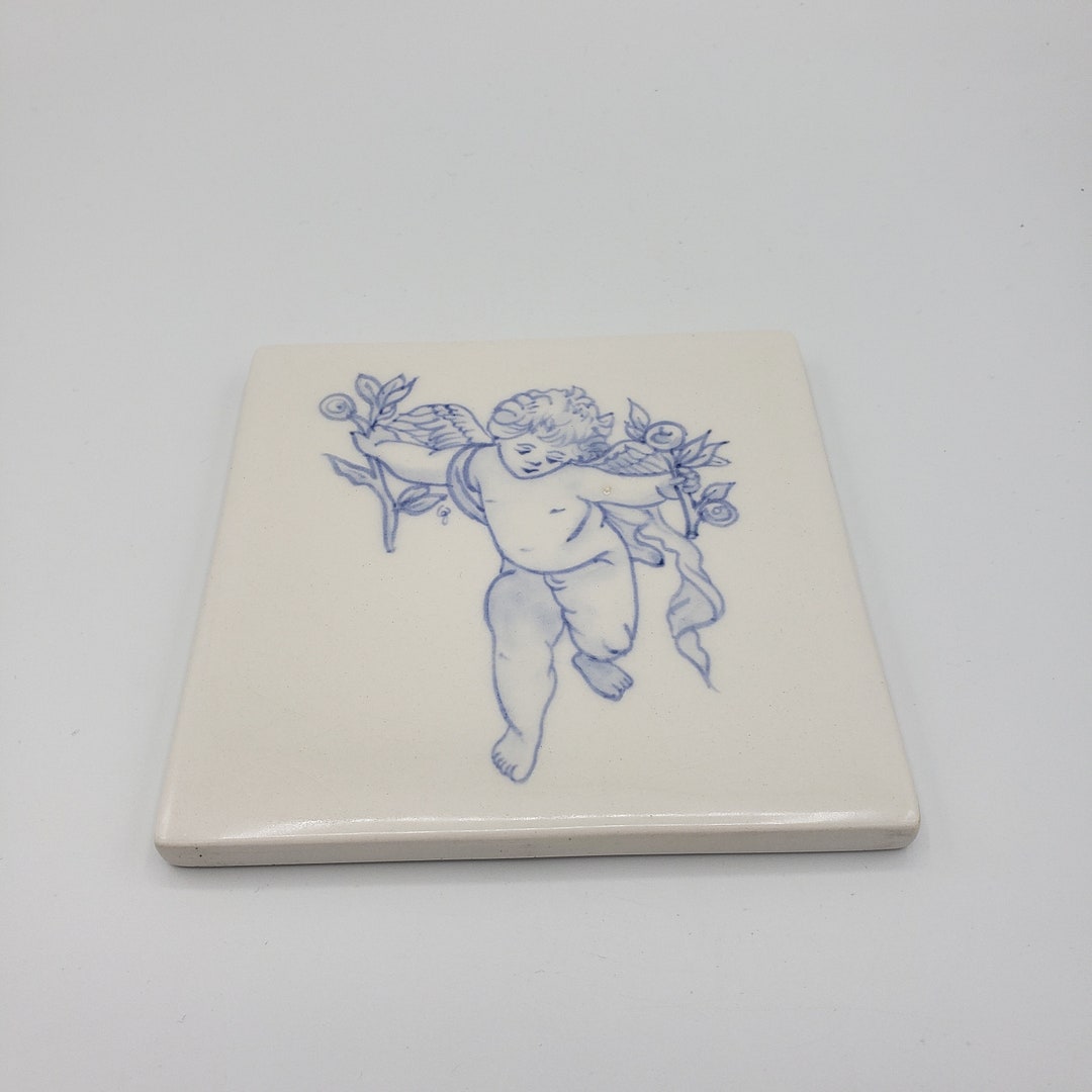 Hand-painted Cherub Tile, Aged, Crazed Surface, Delft Style, Blue ...