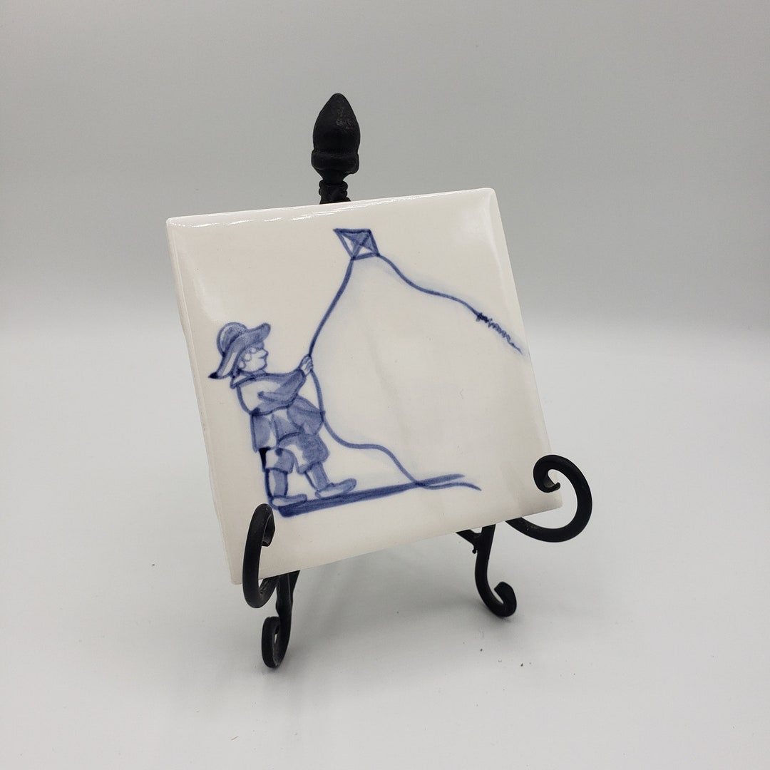 Reproduction, Hand-painted Tile, Delft Dutch Figures, Kite Flying, Blue ...